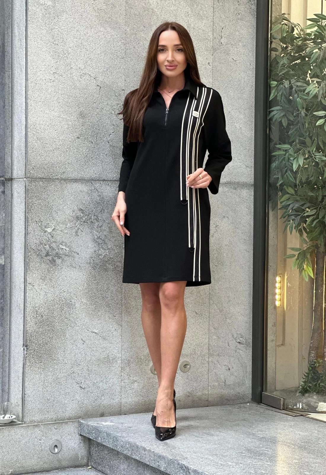 Trend Kadın Özel Tasarım Taşlı Şerit Detaylı Şık Elbise